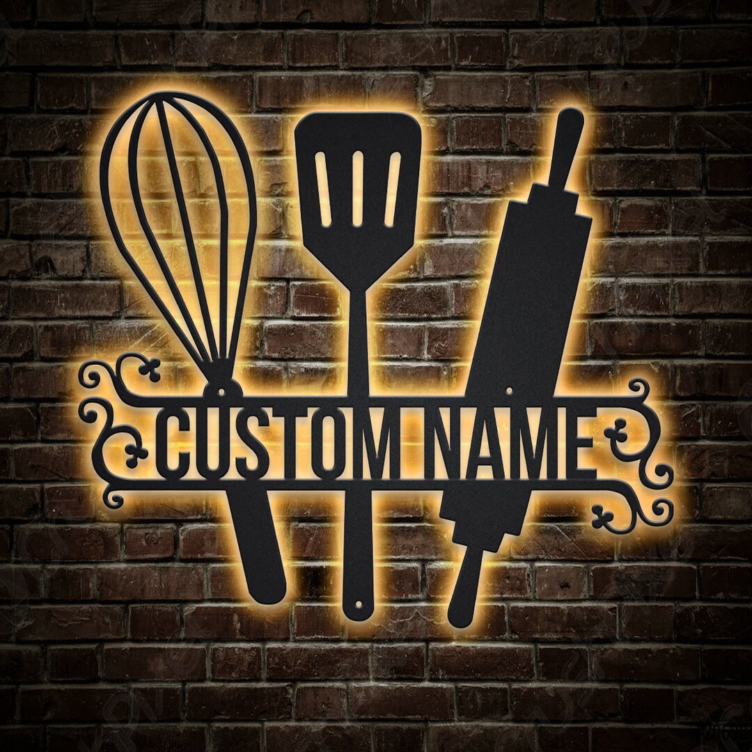 Kitchen Utensils Metal Sign LED Lights V1, Custom Kitchen Utensils ...