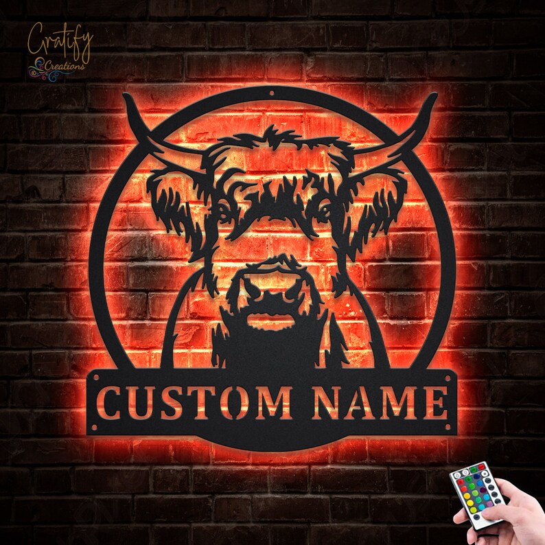 Highland Cow Metal Sign LED Lights Custom Highland Cow Metal - Etsy