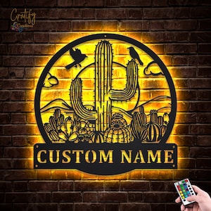Cactus Desert Scene Metal Sign LED Lights, Custom Cactus Metal Sign ...