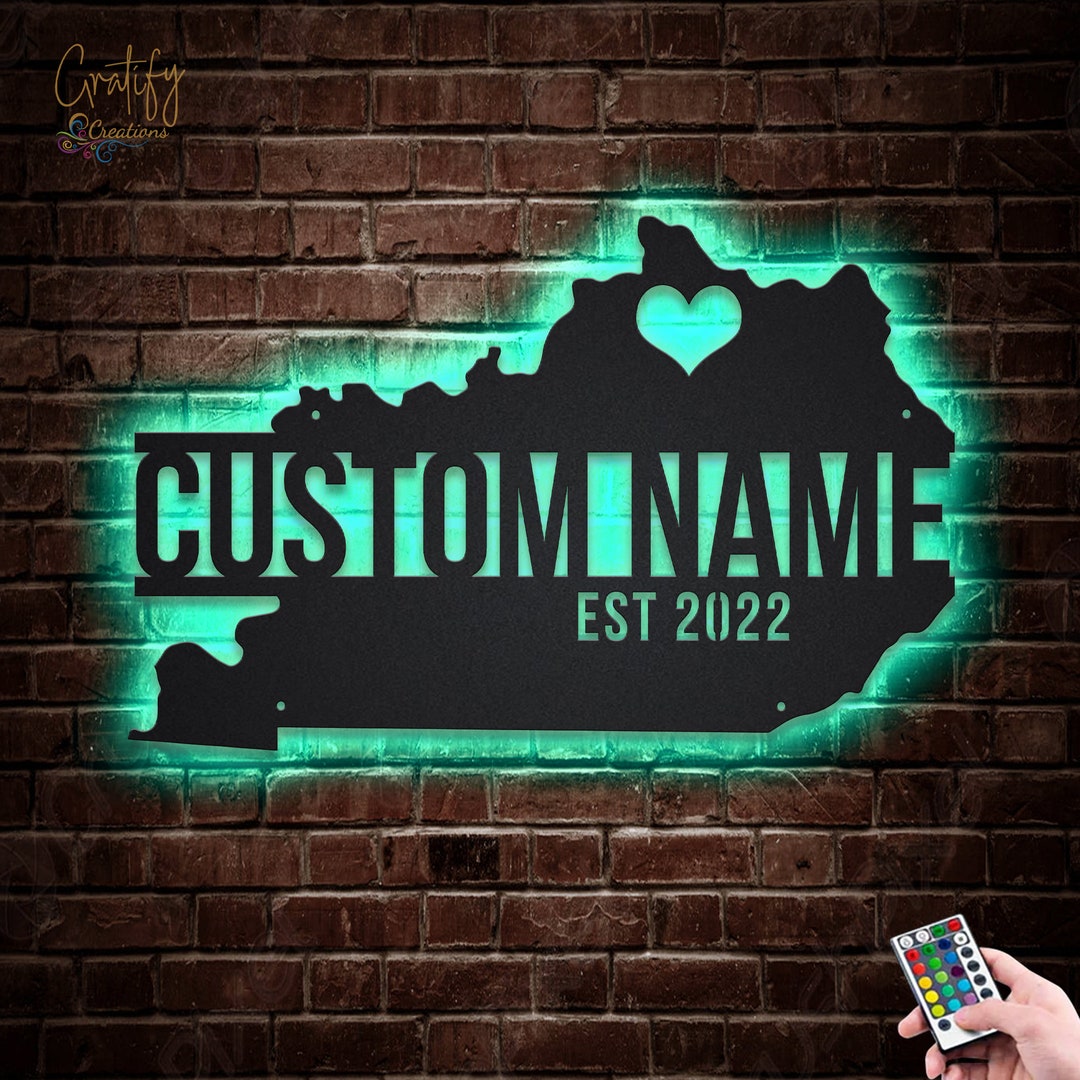 Kentucky State Map Metal LED Lights, Custom Kentucky State Metal Wall ...
