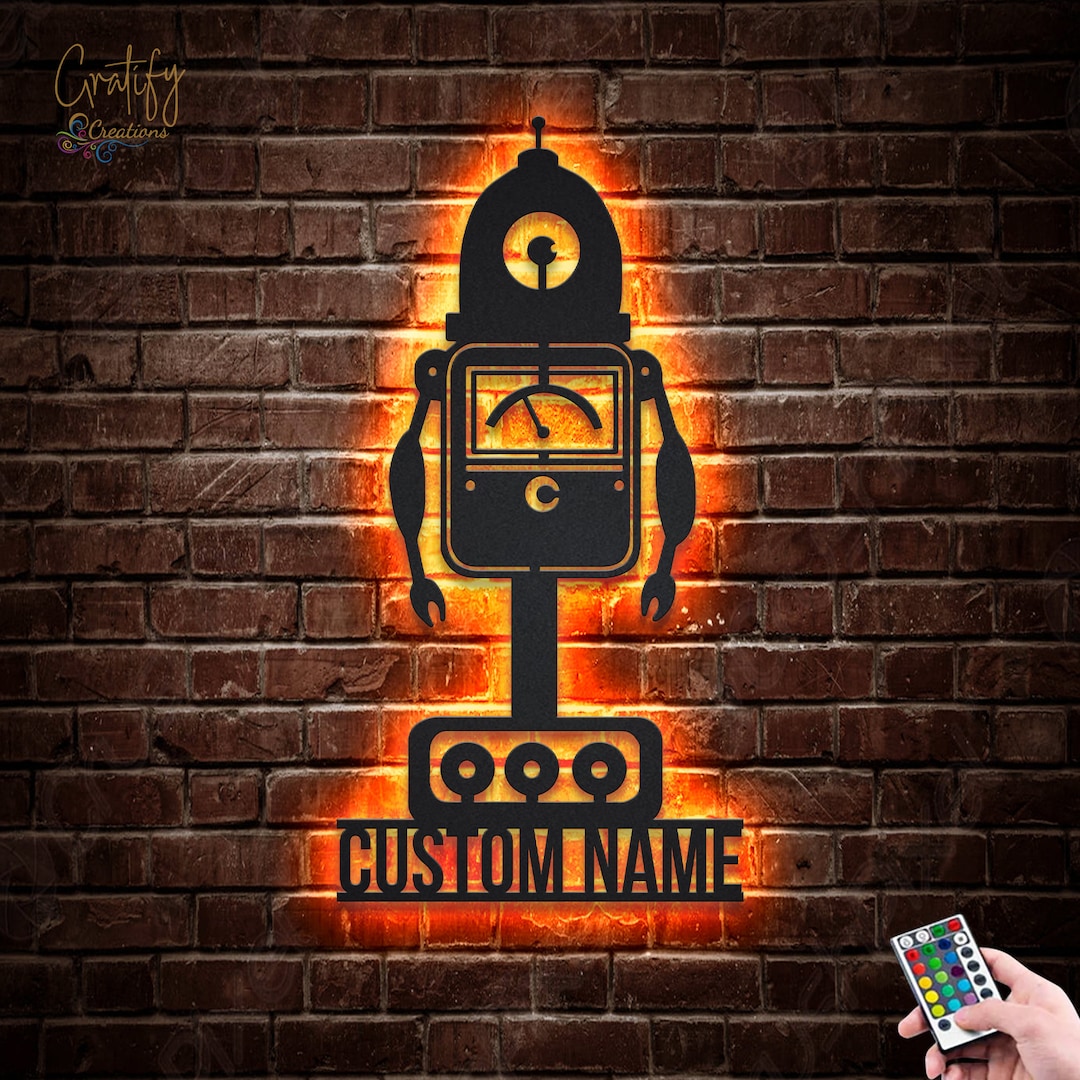 Robot Metal Wall Art LED Lights V2, Custom Robot Metal Signs, Robot ...