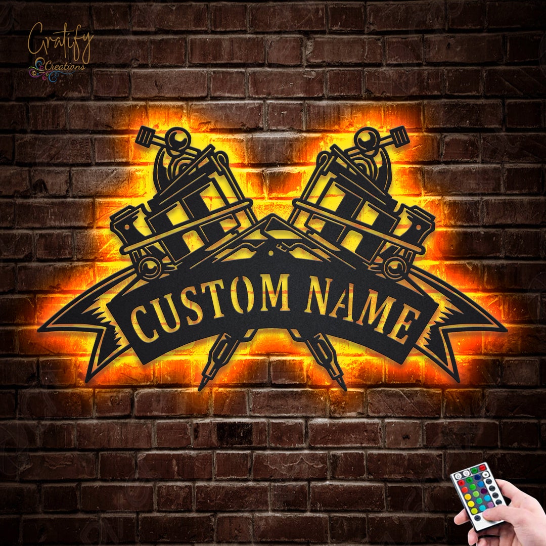 Custom Crossed Tattoo Machine Metal Sign With LED Lights, Personalized ...