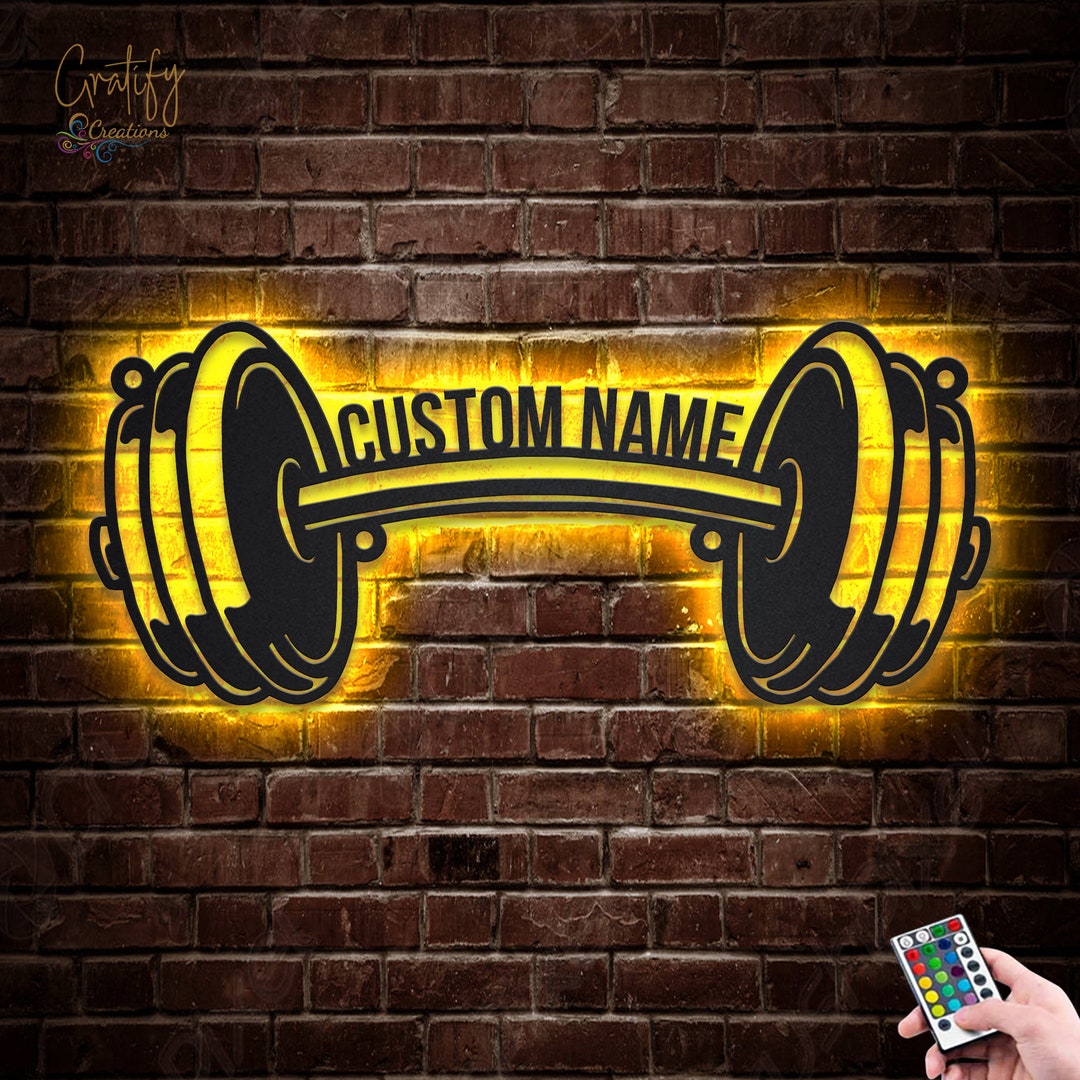 Dumbbell Fitness Metal Sign LED Lights V4, Custom Bodybuilder Metal ...