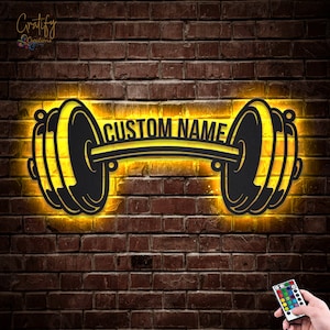 Dumbbell Fitness Metal Sign LED Lights V4, Custom Bodybuilder Metal ...