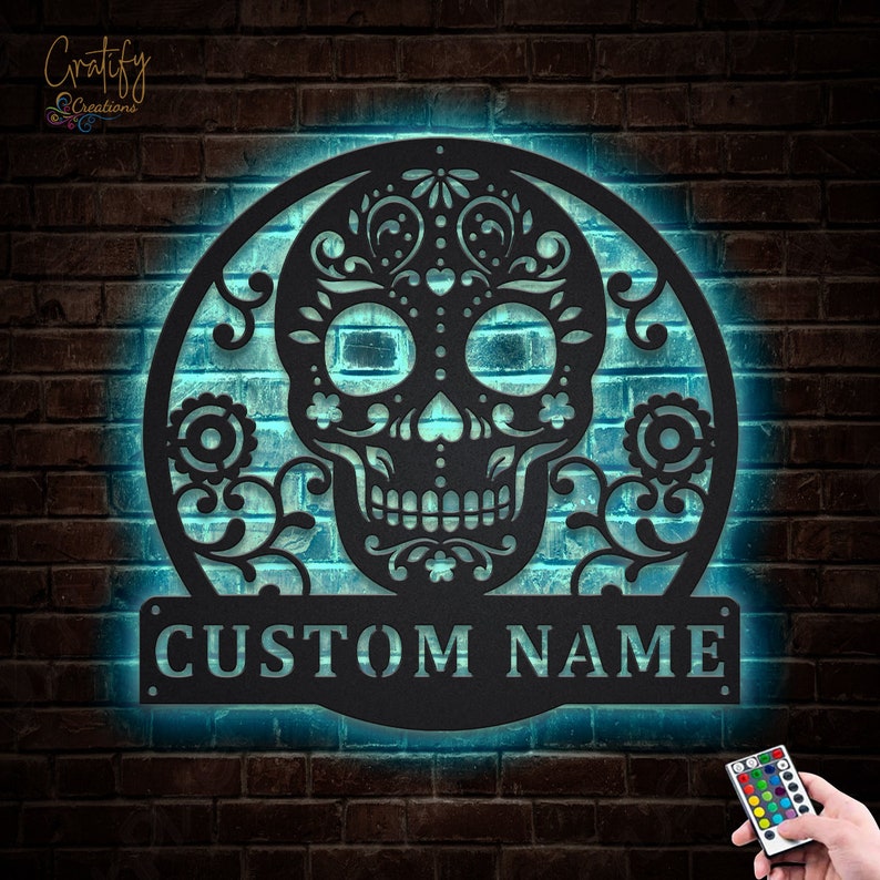 Custom Sugar Skull Metal Sign With LED Lights Personalized - Etsy