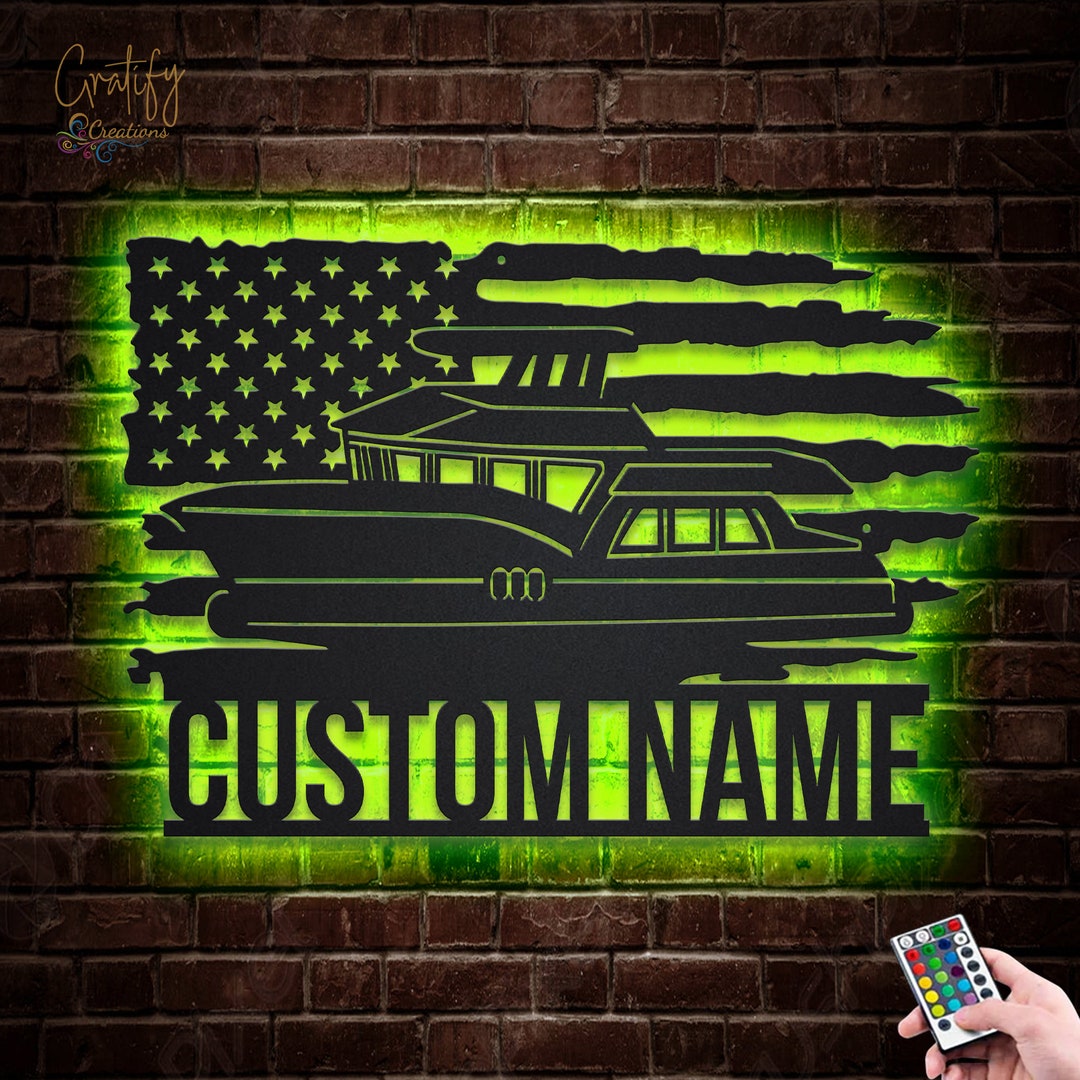 US Pontoon Boat Metal Sign LED Lights V12, Custom Pontoon Boat Metal ...