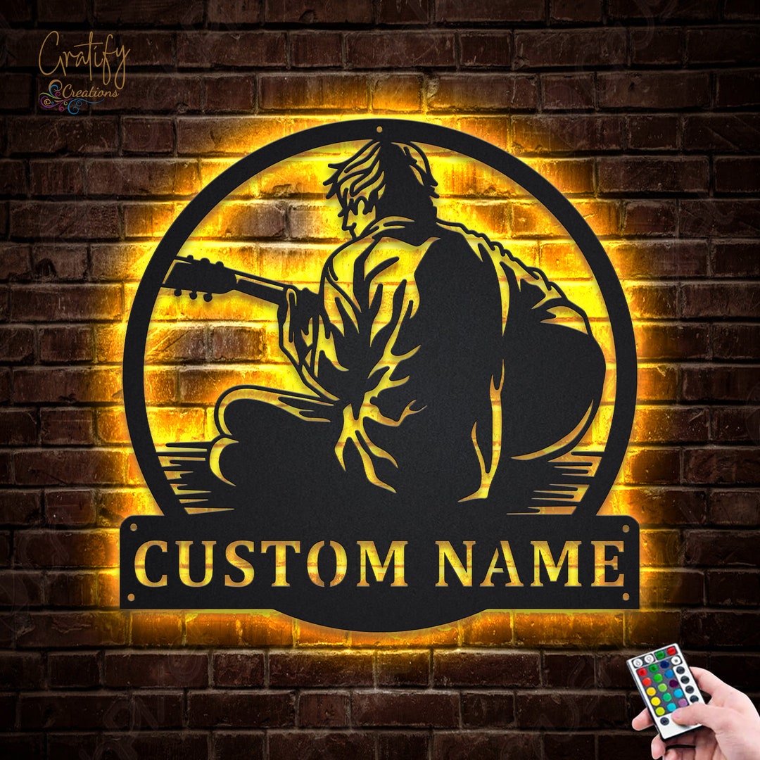 Guitar Man Metal Sign With LED Lights V4, Guitar Metal Wall Art RGB ...