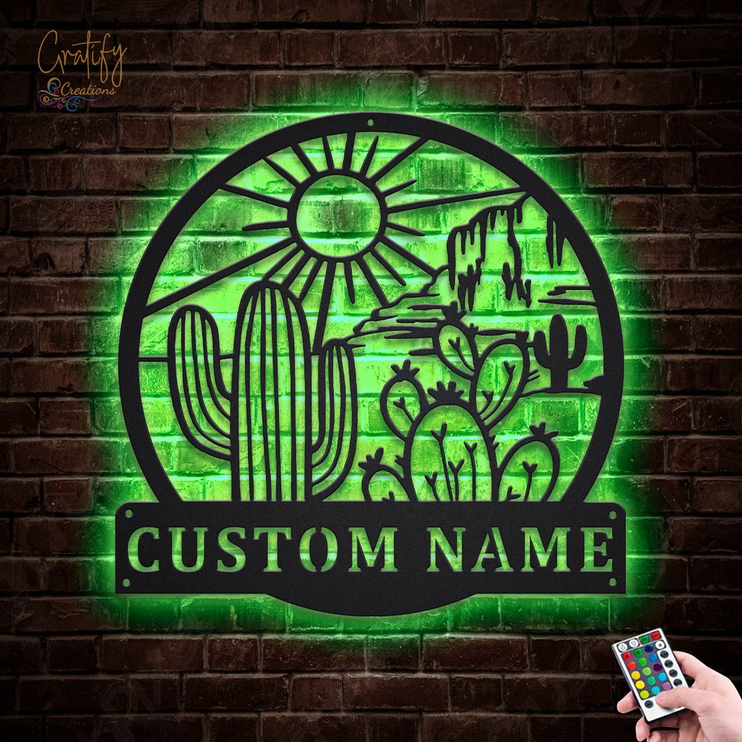 Cactus Monogram Metal Sign With LED Lights, Custom Cactus Metal Sign ...
