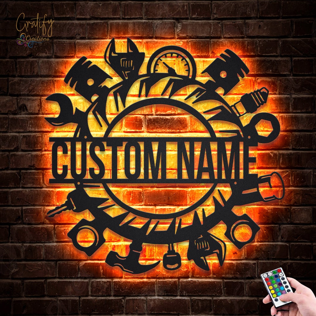 Custom Garage Metal Wall Art With LED Light - Perfect Workshop Name ...