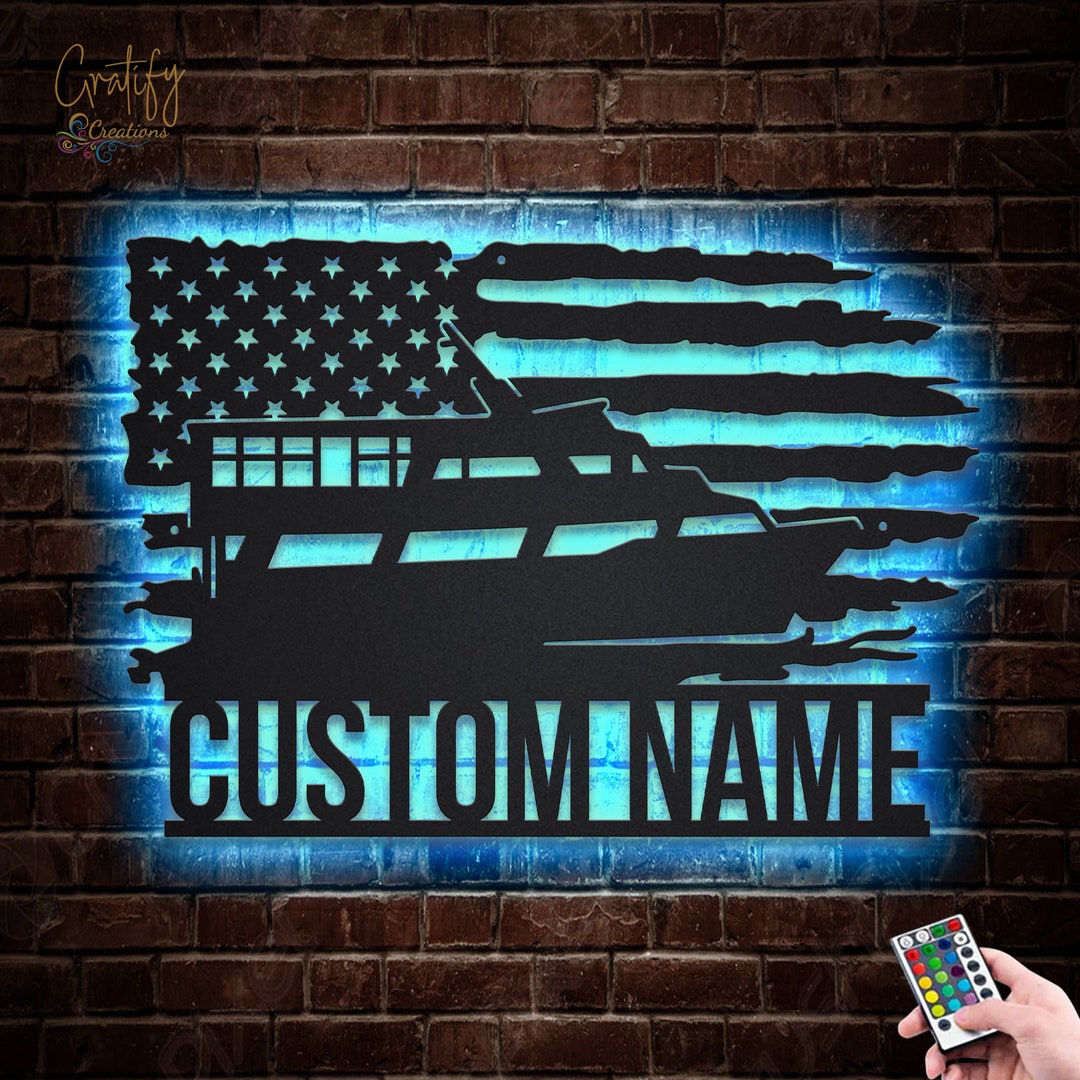 US Pontoon Boat Metal Sign LED Lights V3, Custom Pontoon Boat Metal ...
