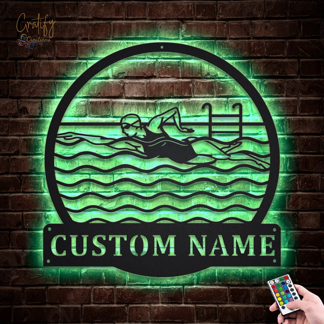 Female Swimmer Metal Sign LED Lights V3, Custom Swimming Metal Sign ...
