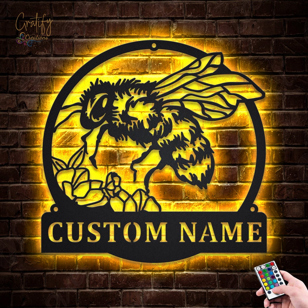 Bee Metal Sign LED Lights V10, Custom Honey Bee Metal Sign, Bee ...