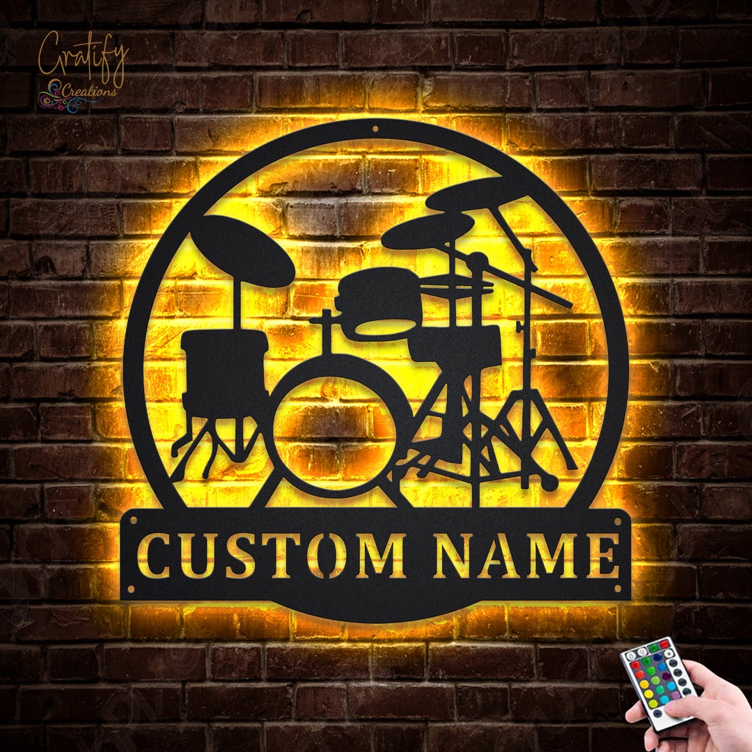 Drum Metal Wall Art With LED Lights V3, Custom Drummer Metal Signs ...