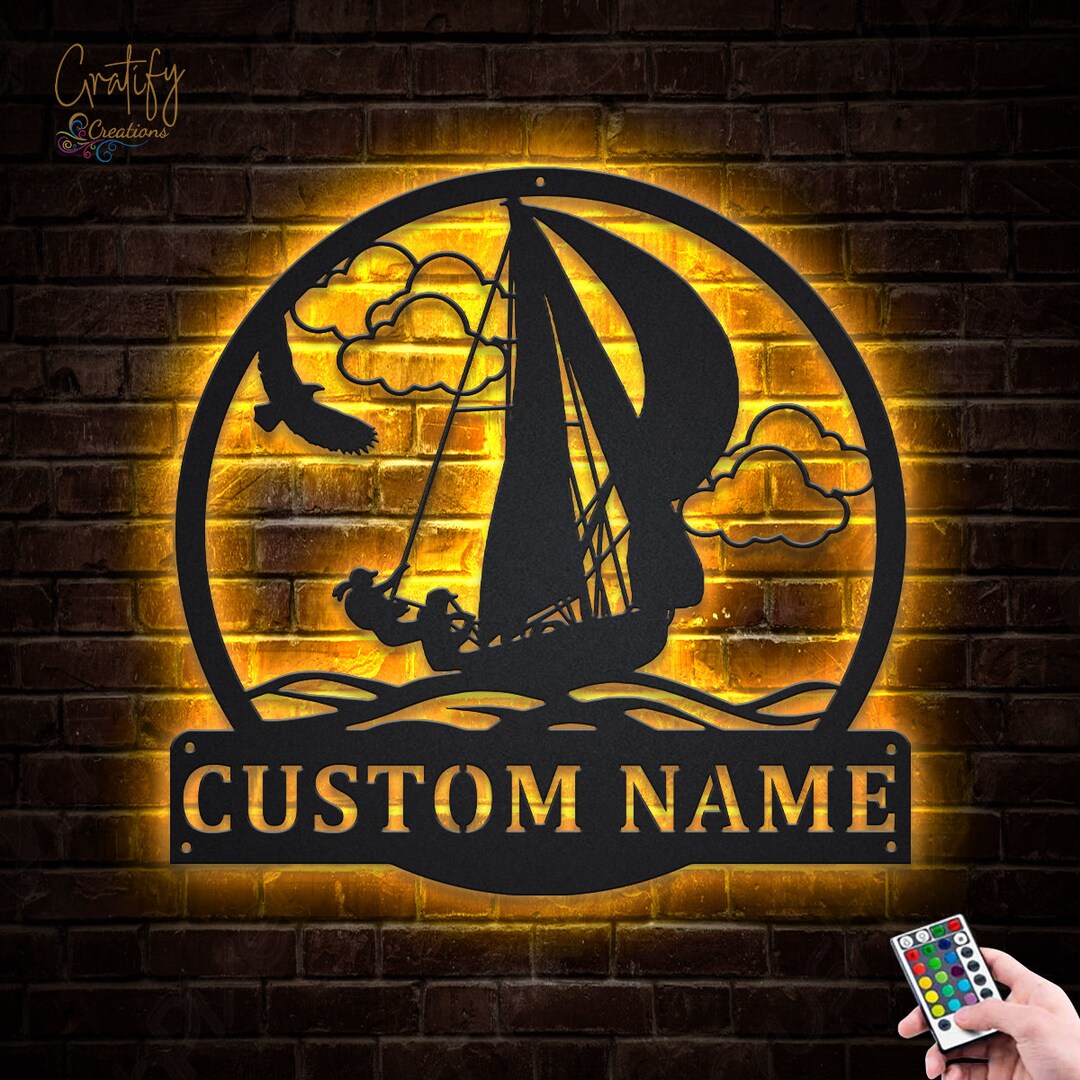 Sailing Sport Monogram Metal Wall Art LED Lights, Custom Sailing Metal ...