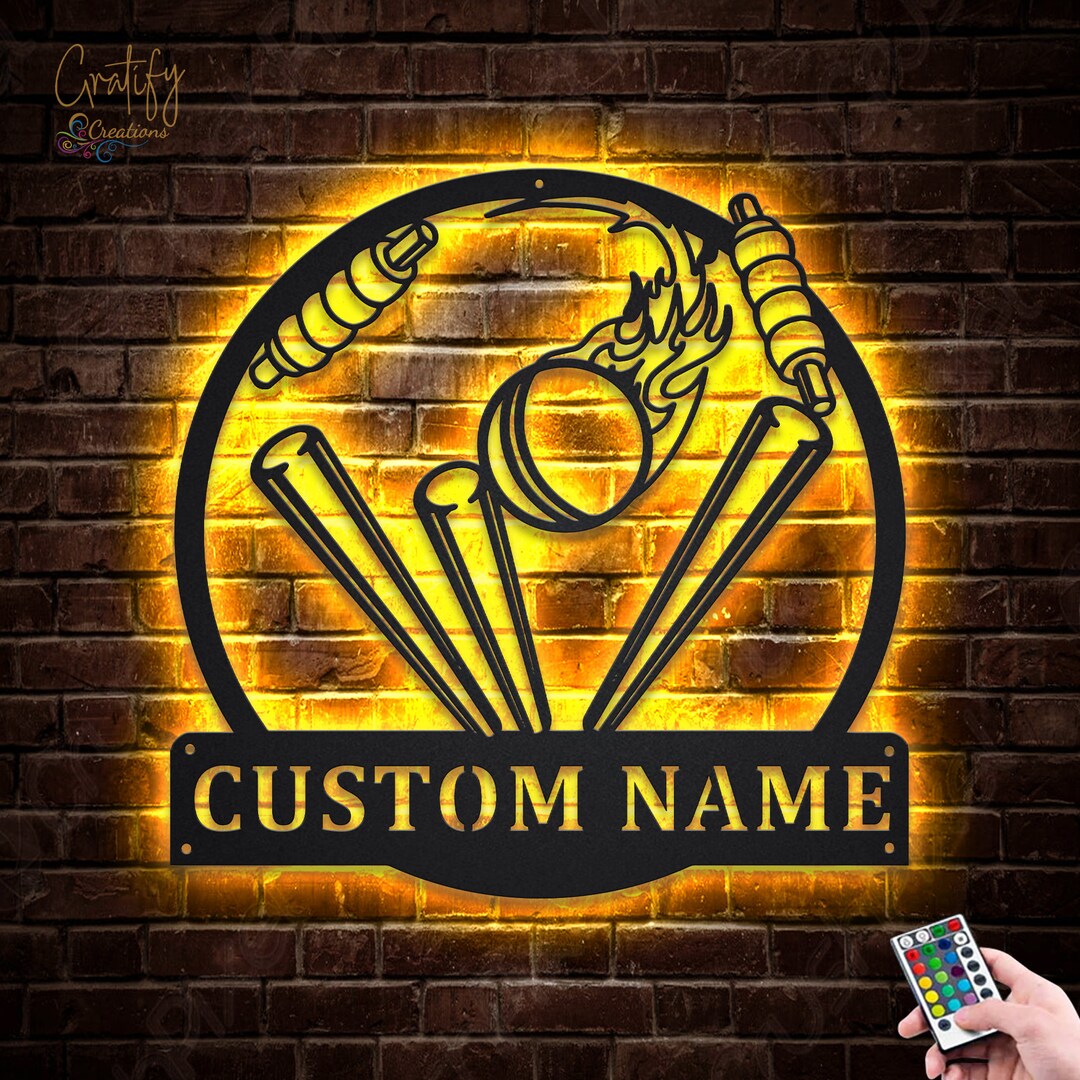 Cricket Stump Sport Metal Wall Art LED Lights V1, Custom Cricket Sport ...