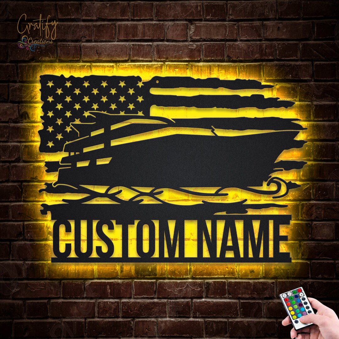US Pontoon Boat Metal Sign LED Lights V1, Custom Pontoon Boat Metal ...
