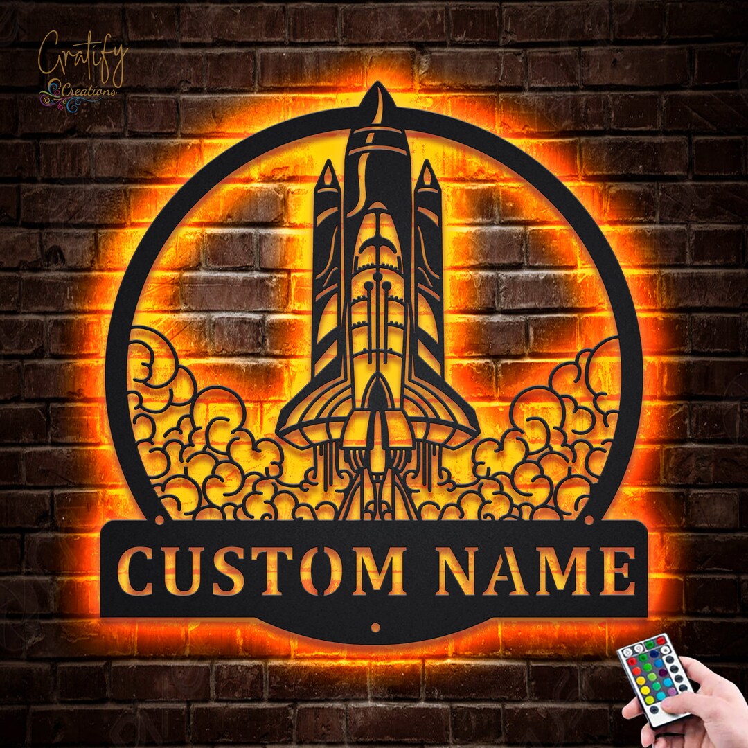 Space Ship Rocket Launch Metal Sign LED Lights V1, Custom Space Ship ...