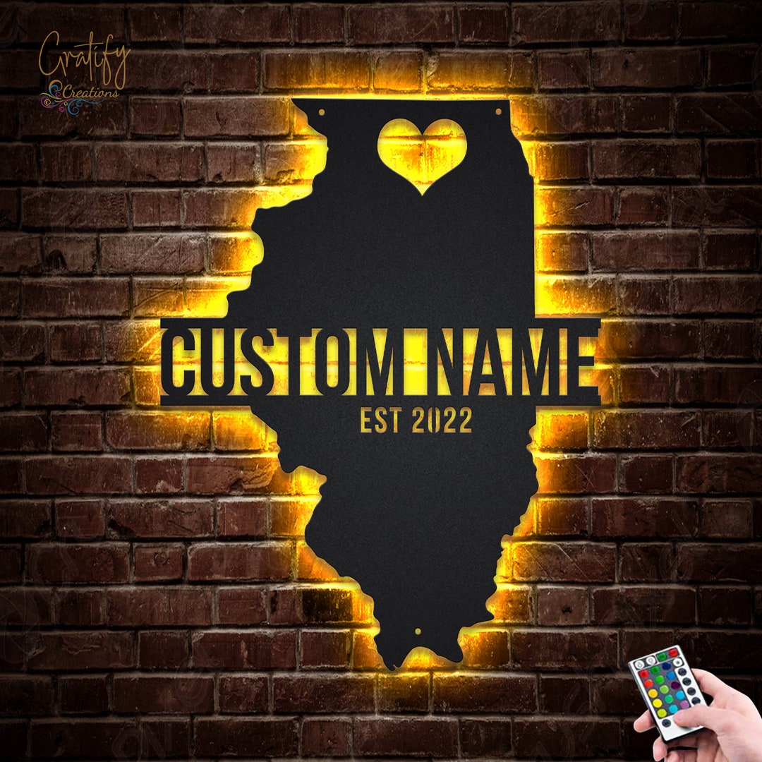 Illinois State Map Metal Sign LED Lights, Custom Illinois State Map ...