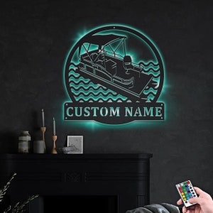 Custom Pontoon Boat Monogram Metal Sign With LED Lights V5, Personalized Pontoon Boat Metal Sign ...