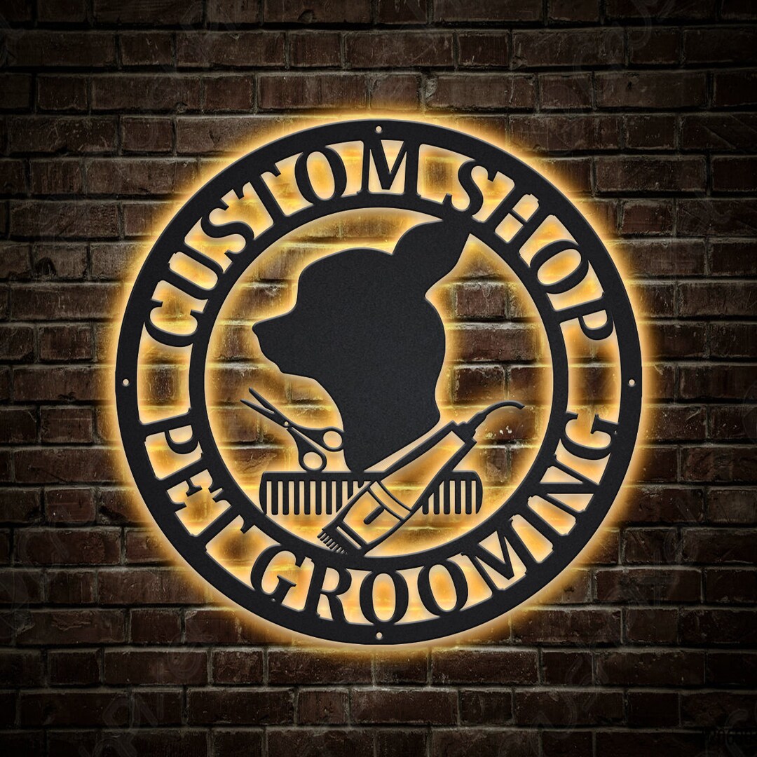 Pet Grooming Metal Sign LED Lights, Custom Pet Grooming Metal Wall Art ...