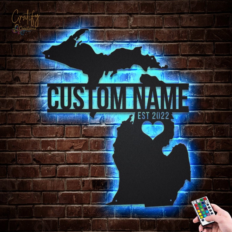 Michigan State Map Metal LED Lights, Custom Michigan Metal Wall Art ...