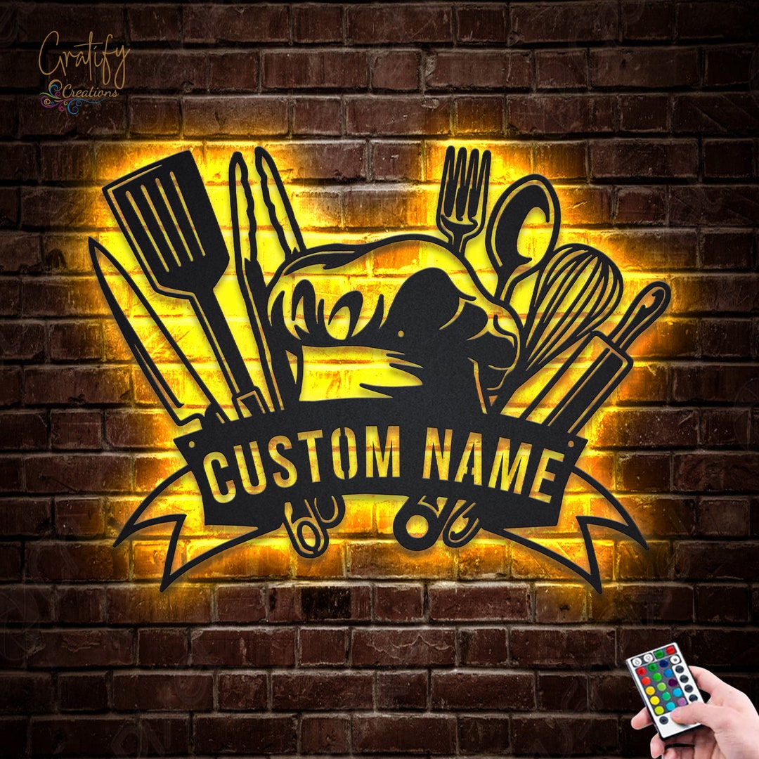 Chef Tools Metal Sign LED Lights, Custom Chef Kitchen Metal Signs ...