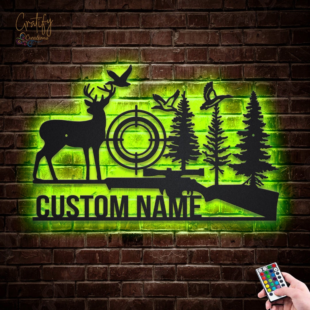 Deer Hunting Rifles Metal Wall Art LED Light , Custom Hunter Name Sign ...