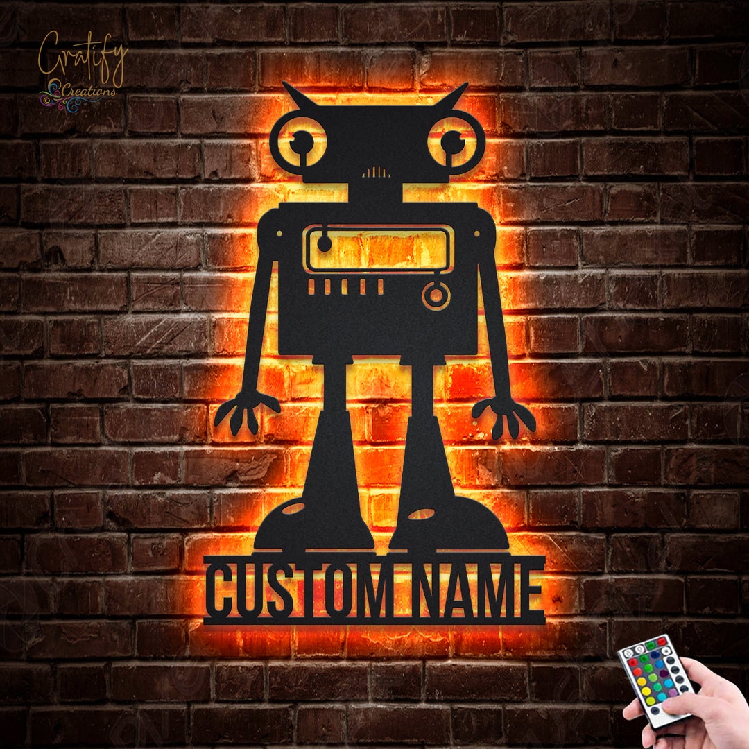 Robot Metal Wall Art LED Lights V3, Custom Robot Metal Signs, Robot ...