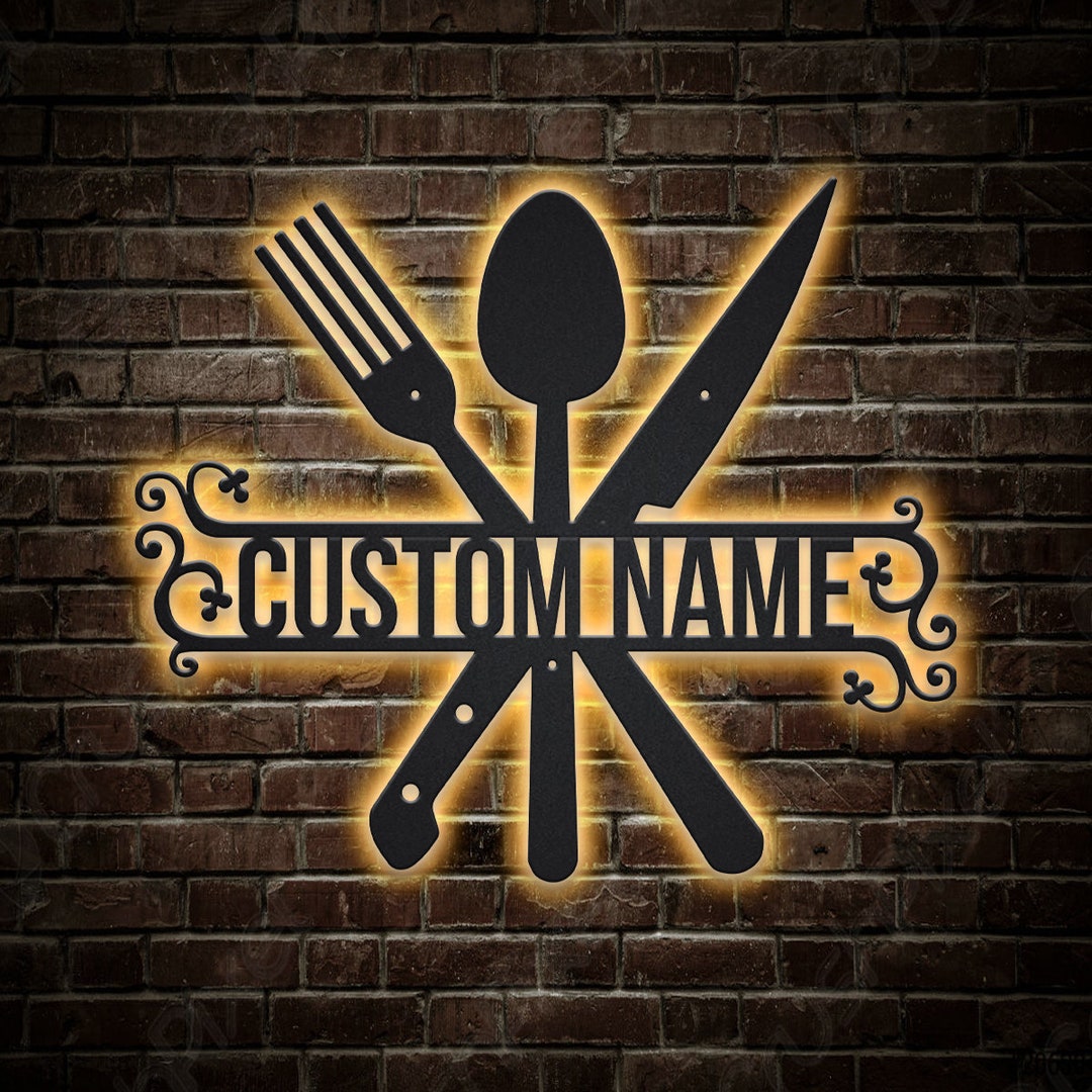 Kitchen Utensils Metal Sign LED Lights V2, Custom Kitchen Utensils ...