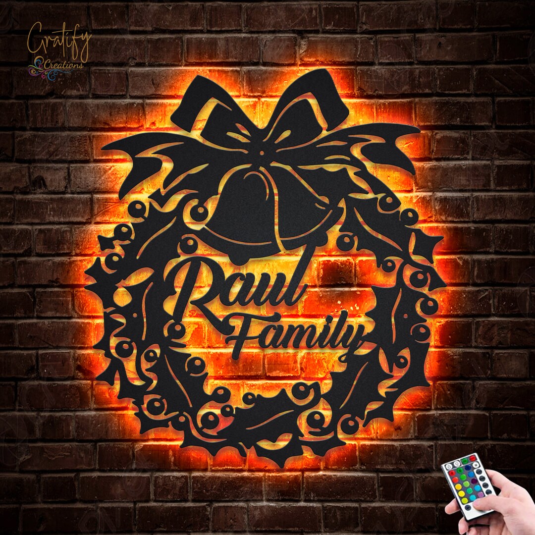 Christmas Wreath Metal Sign LED Lights, Merry Christmas Metal Sign ...
