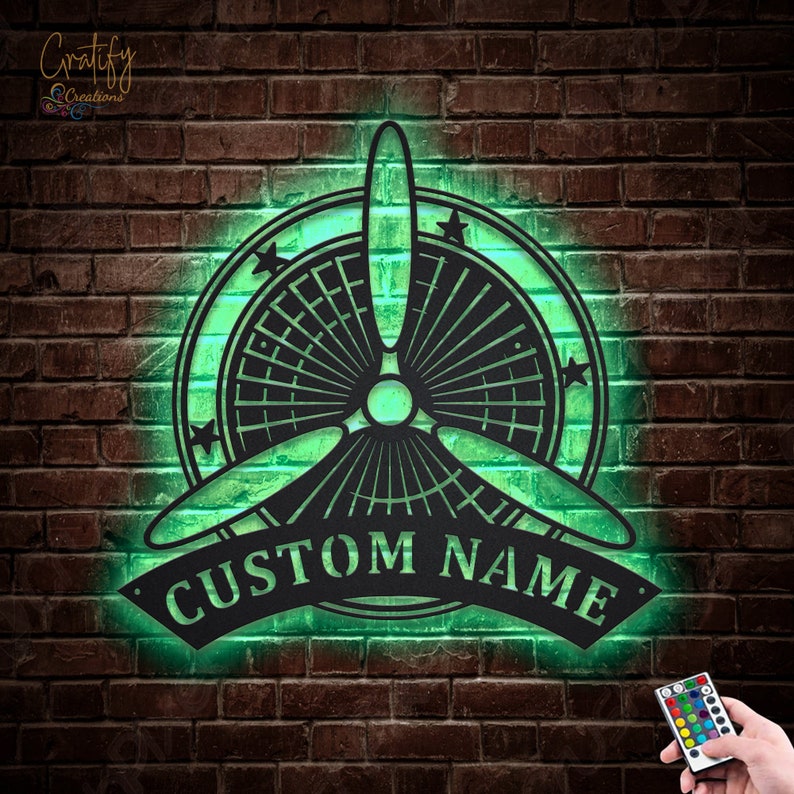Custom Airplane Metal Wall Art LED Light Personalized Pilot Name Sign ...
