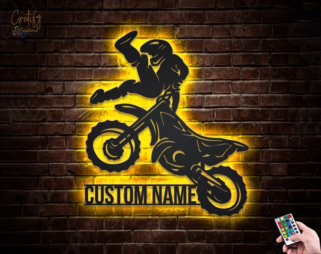 Personalized Dirt Bike Metal Sign, LED Motocross Rider Name Sign ...