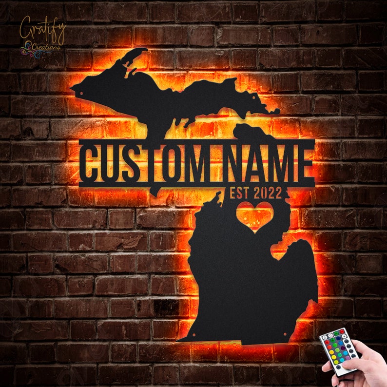 Michigan State Map Metal LED Lights, Custom Michigan Metal Wall Art ...