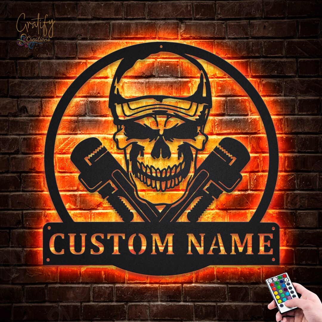 Plumber Skull Metal Sign LED Lights, Custom Plumbing Metal Sign ...