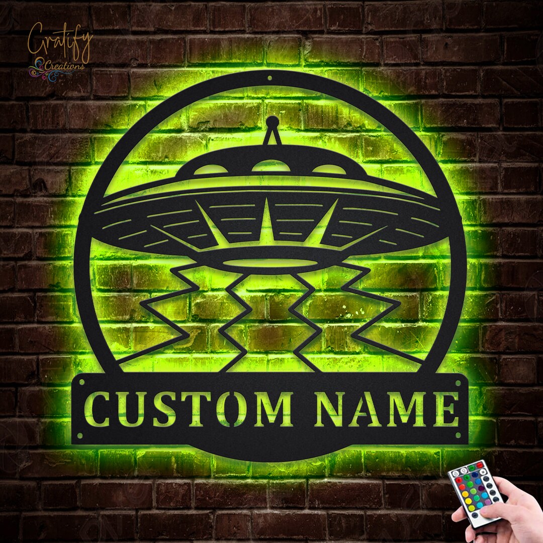 Ufos Alien Metal Wall Art LED Lights V2, Custom UFO Metal Sign ...