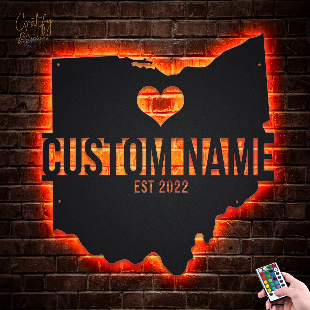 Ohio State Map Metal LED Lights, Custom Ohio Home Metal Wall Art, Born ...