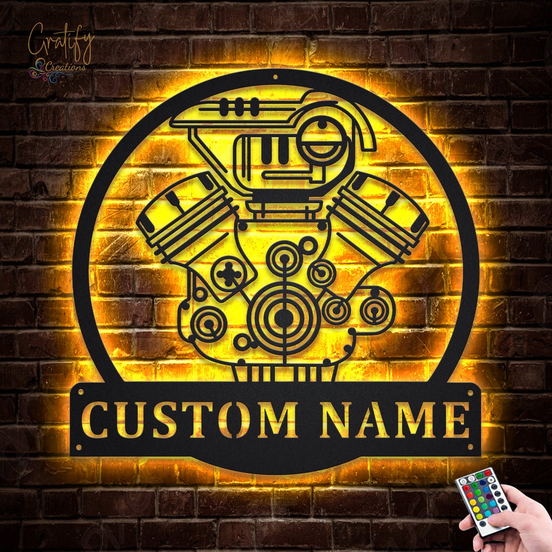 Engine Machine Metal Sign LED Lights V6, Custom Engine Machine Metal ...