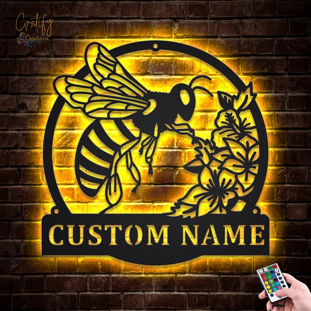Bee Metal Sign LED Lights V12, Custom Honey Bee Metal Sign, Bee ...