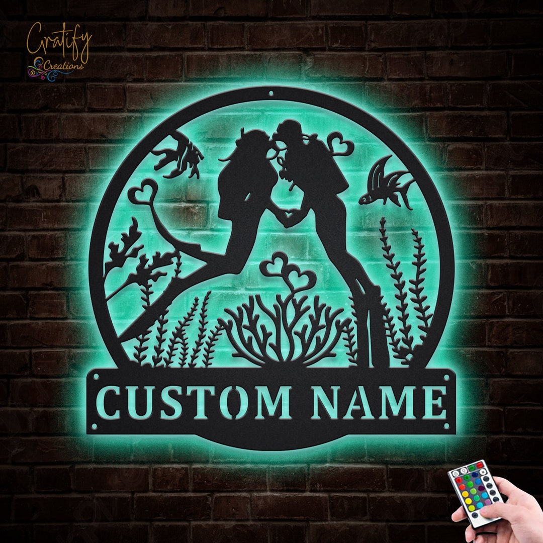 Couple Scuba Diving Metal Sign With LED Lights, Custom Scuba Diving ...