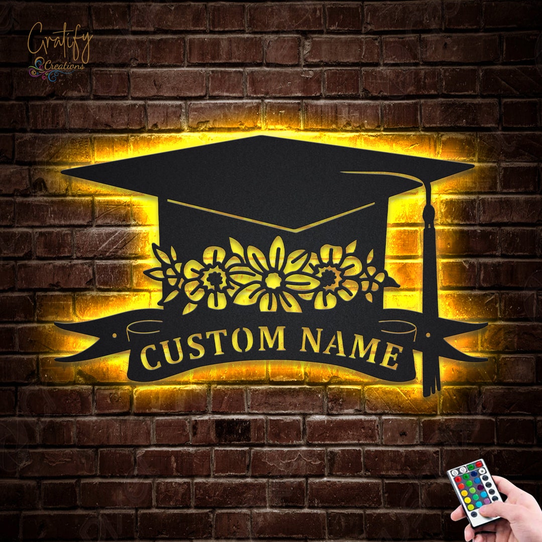 Flower Graduation Hat Metal Wall Art LED Lights V4, Custom Graduation ...