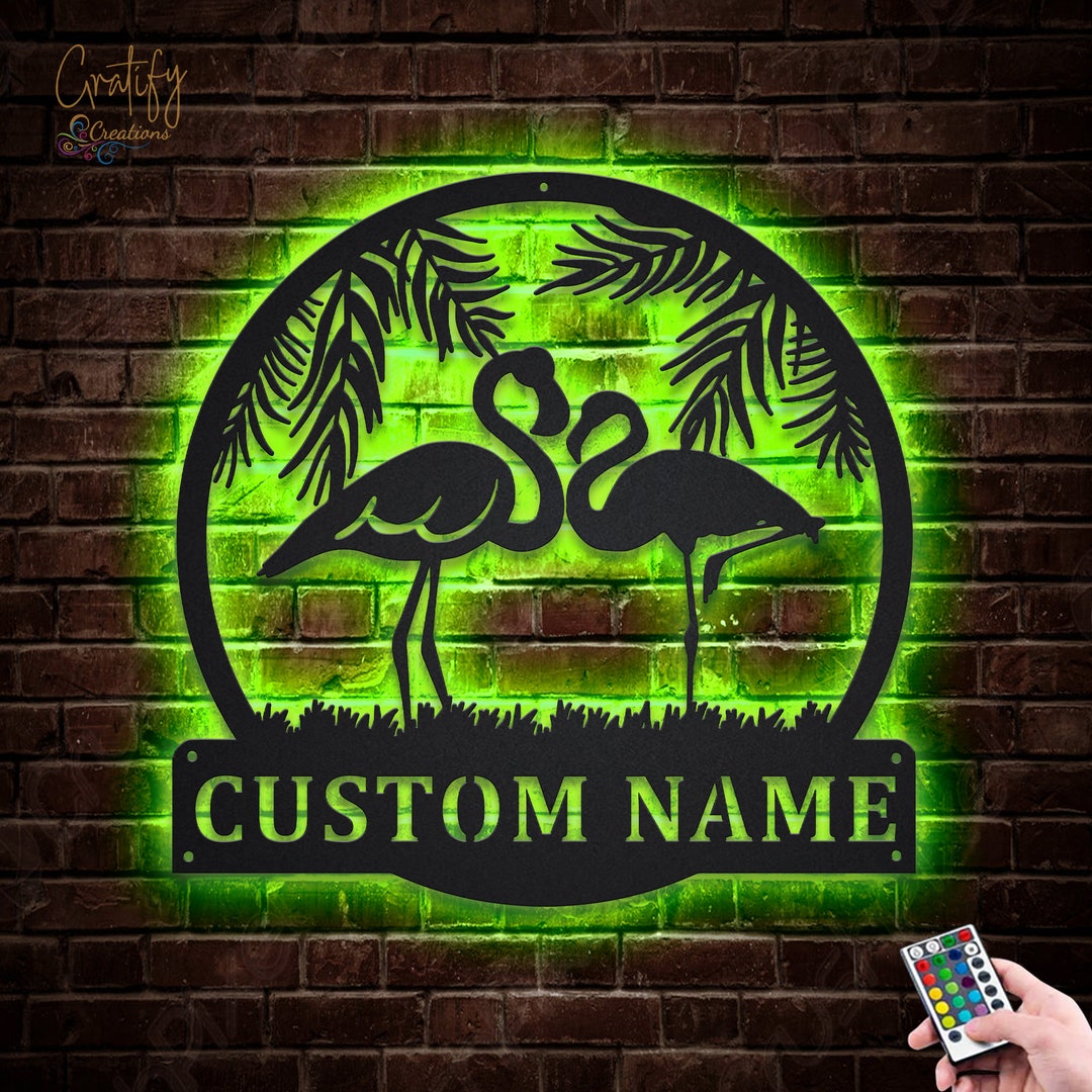 Flamingo Bird Metal Sign LED Lights V4, Custom Flamingo Wall Art ...