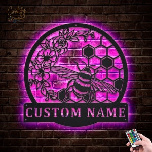 Personalized Honey Bee Monogram Metal Sign With LED Lights, Custom ...