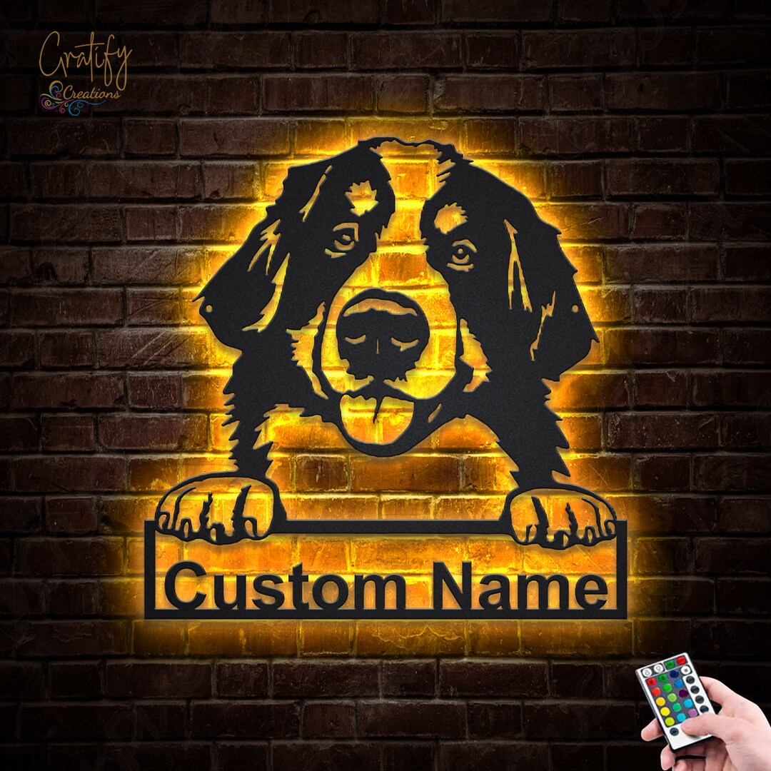 Bernese Mountain Dog Metal Wall Art LED Lights, Custom Bernese Mountain ...