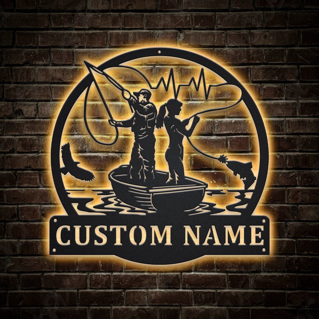 Couple Fishing Fish Pole Metal Sign LED Lights, Custom Fishing Metal ...