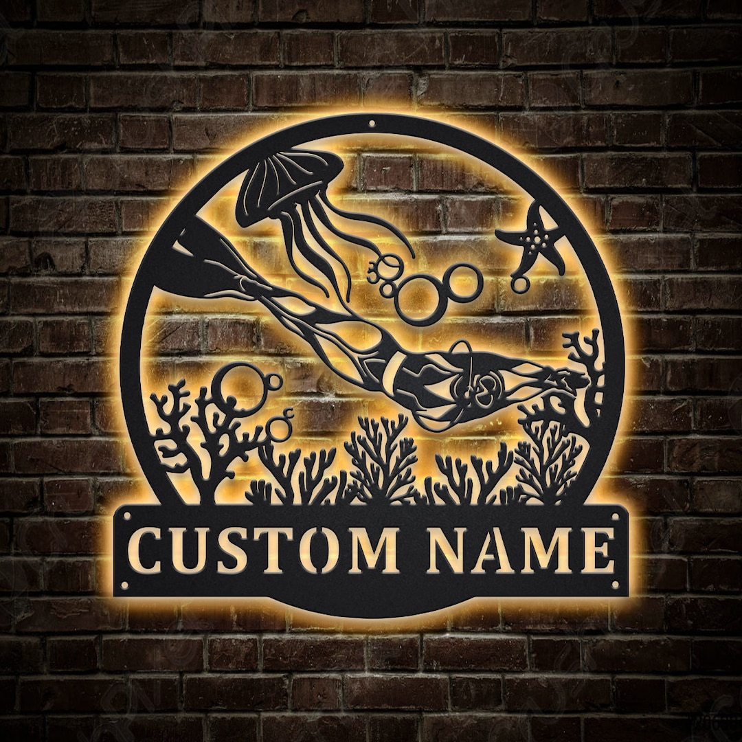 Scuba Diving Girl Metal Sign With LED Lights, Custom Scuba Diving Metal ...
