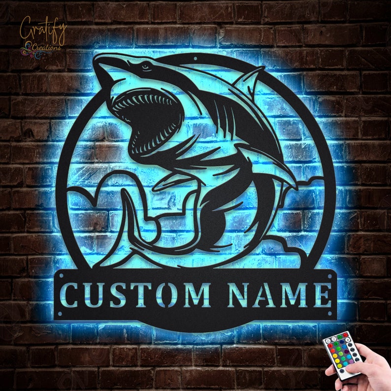 White Shark Monogram Metal Sign LED Lights Custom White Shark - Etsy