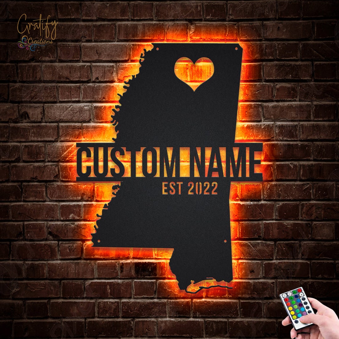 Mississippi State Map Metal LED Lights, Custom Mississippi Metal Wall ...
