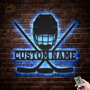 Hockey Stick Custom Metal Wall Art LED Lights, Personalized Air Hockey ...