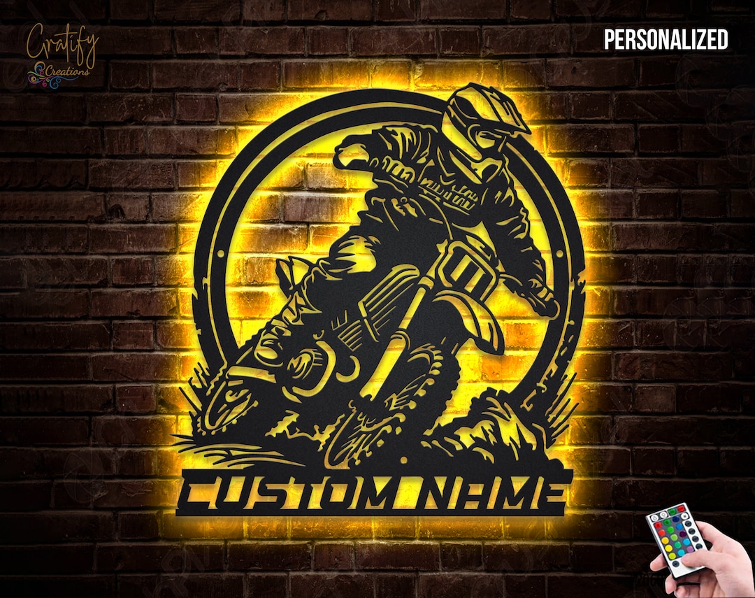 Custom Dirt Bike Metal Sign With Led Light, Motocross Gifts, Rider Name ...