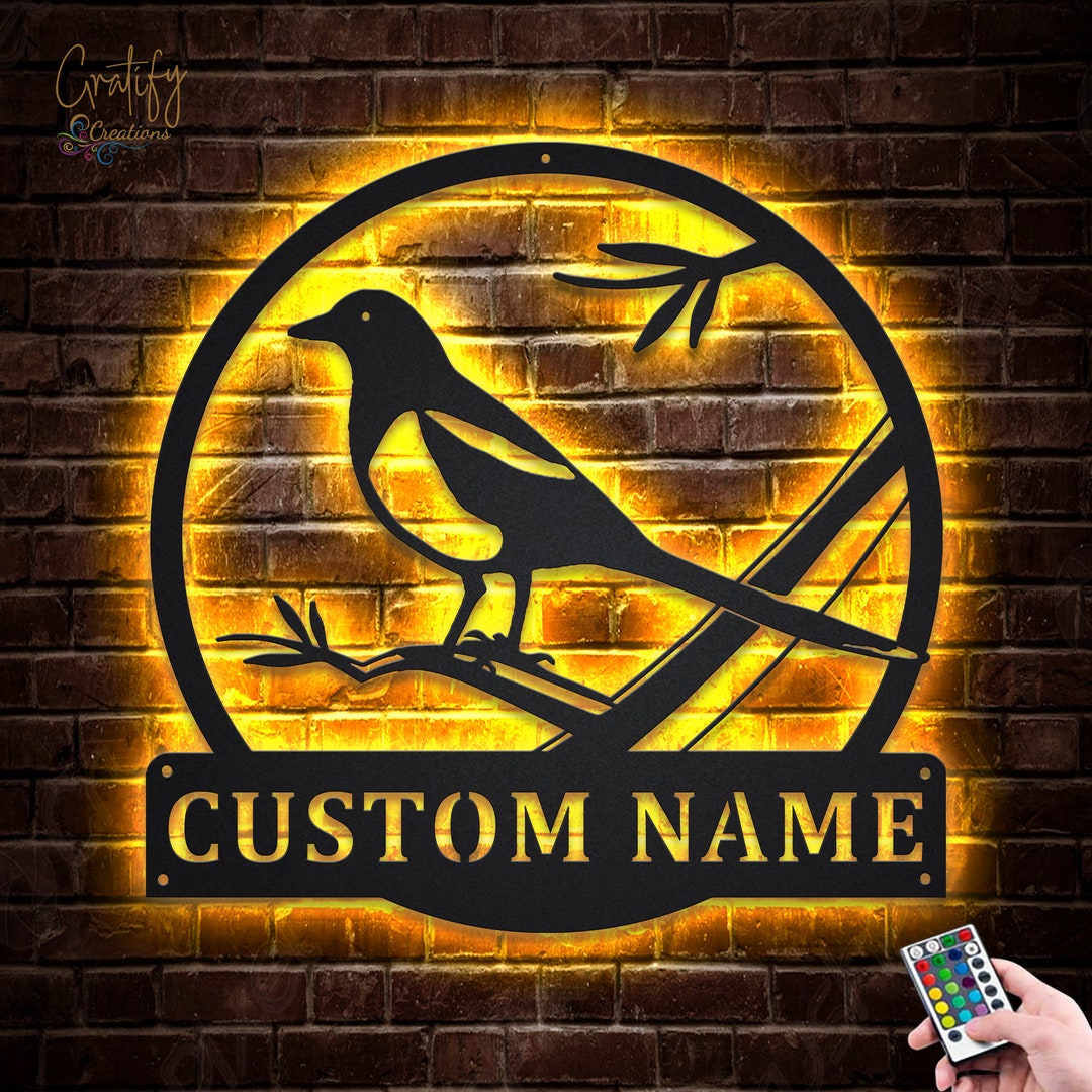 Magpie Bird Metal Sign LED Lights, Custom Magpie Bird Metal Sign ...